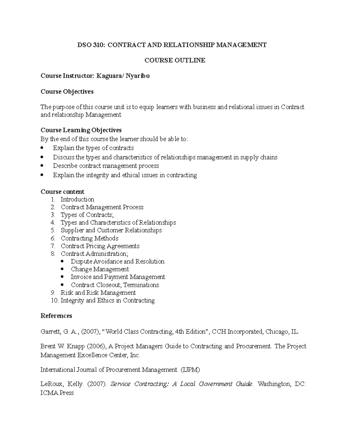 DSO 310 Course outline - DSO 310: CONTRACT AND RELATIONSHIP MANAGEMENT ...