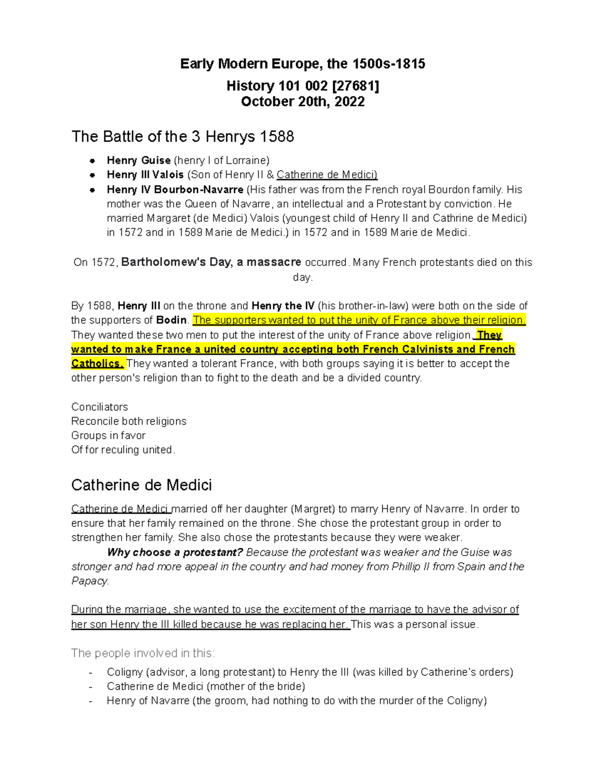 Early Modern Europe, the 1500s-1815 History 101 002 [27681 ] October ...