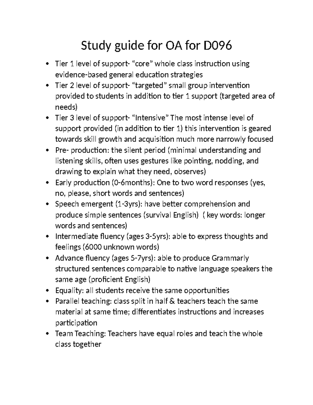 Study guide for OA for D096 - Study guide for OA for D Tier 1 level of ...