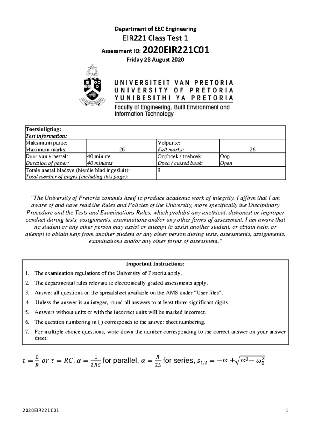 2020EIR221C01 - CLASS TEST 1 - 2020EIR221C01 1 Department of EEC ...