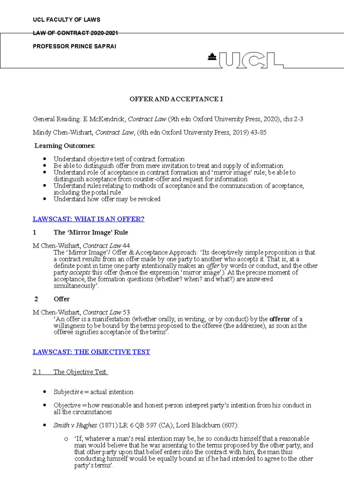 Offer AND Acceptance I Lecture Handout - UCL FACULTY OF LAWS LAW OF ...