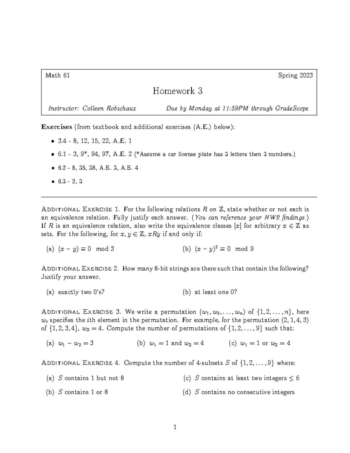 MATH 61 HW3 - Goood - Math 61 Spring 2023 Homework 3 Instructor: Colleen Robichaux Due by Monday ...