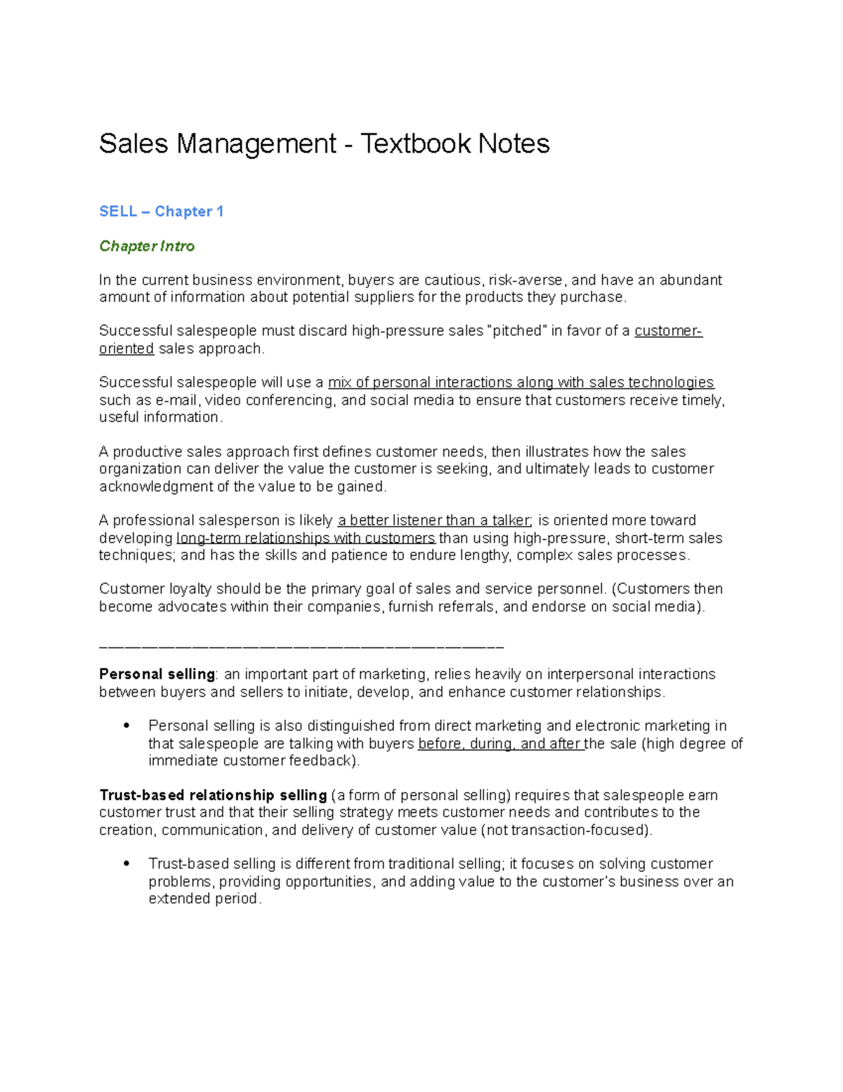 Final exam sales - Sales Management - Textbook Notes SELL – Chapter 1 ...