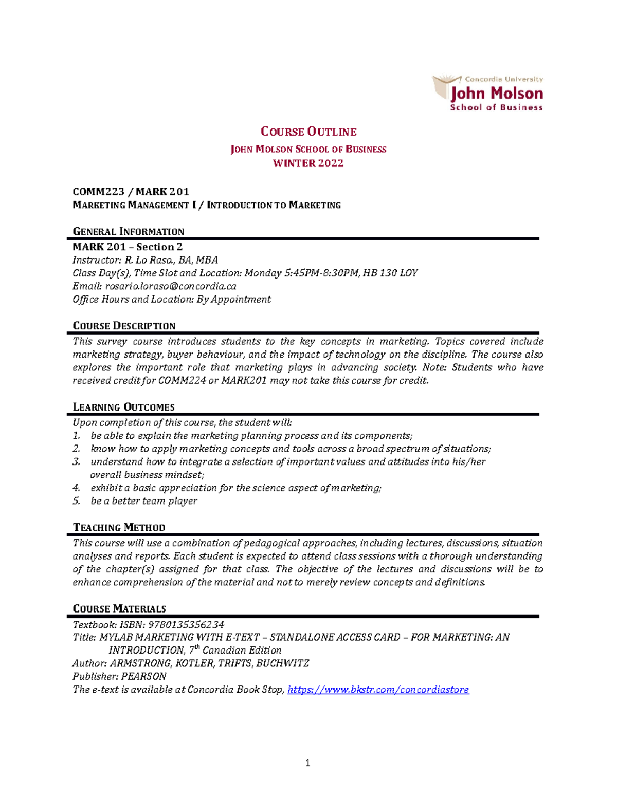 Course Outline Mark 201 Dec 02 - COURSE OUTLINE JOHN MOLSON SCHOOL OF ...