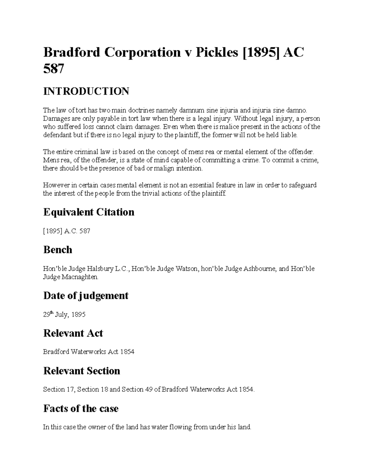 WS 1 Bradford Corporation v Pickles [1895] AC 587 - Bradford ...