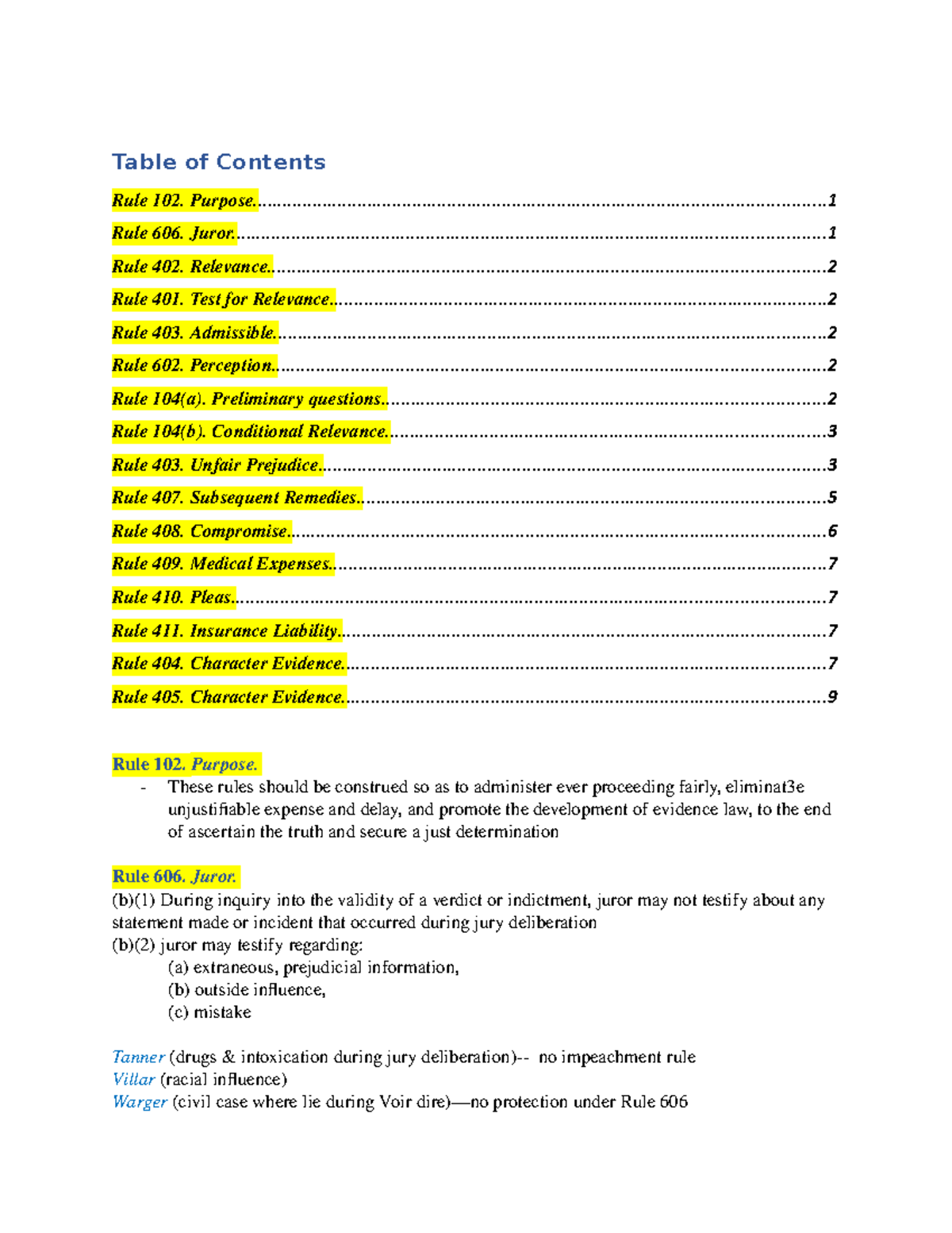 Evidence Attack Plan - Table of Contents Rule 102. - Studocu