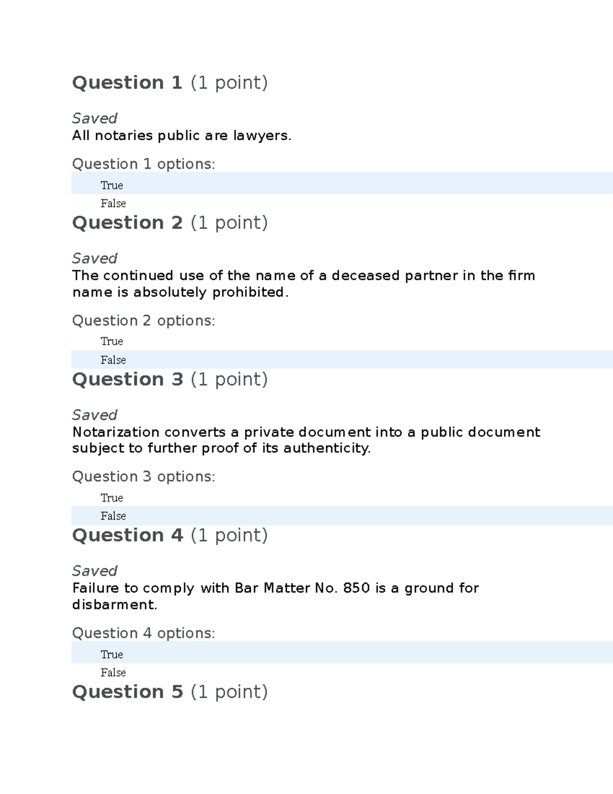 Legal ethics - Sample questions and answers - Question 1 (1 point ...