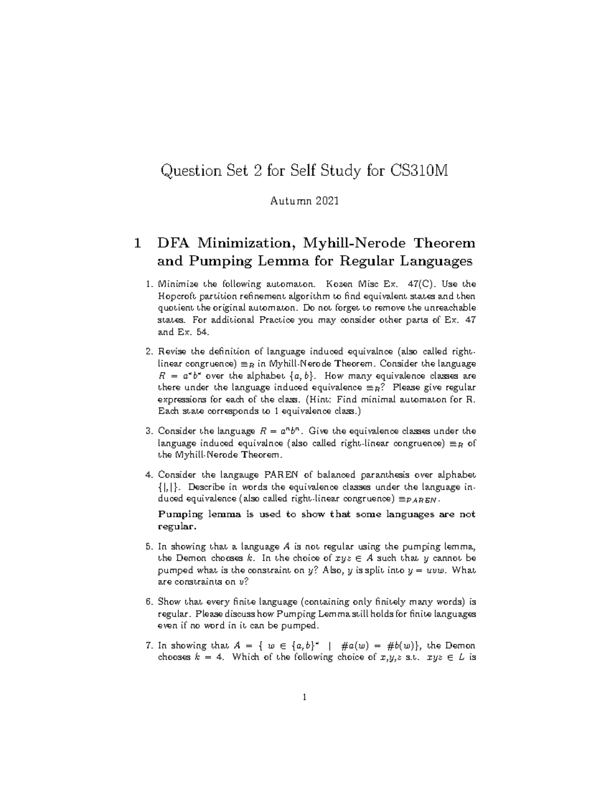 Hw2 Dfa Minimization Myhill Nerode Theorem And Pumping Lemma For Regular Languages