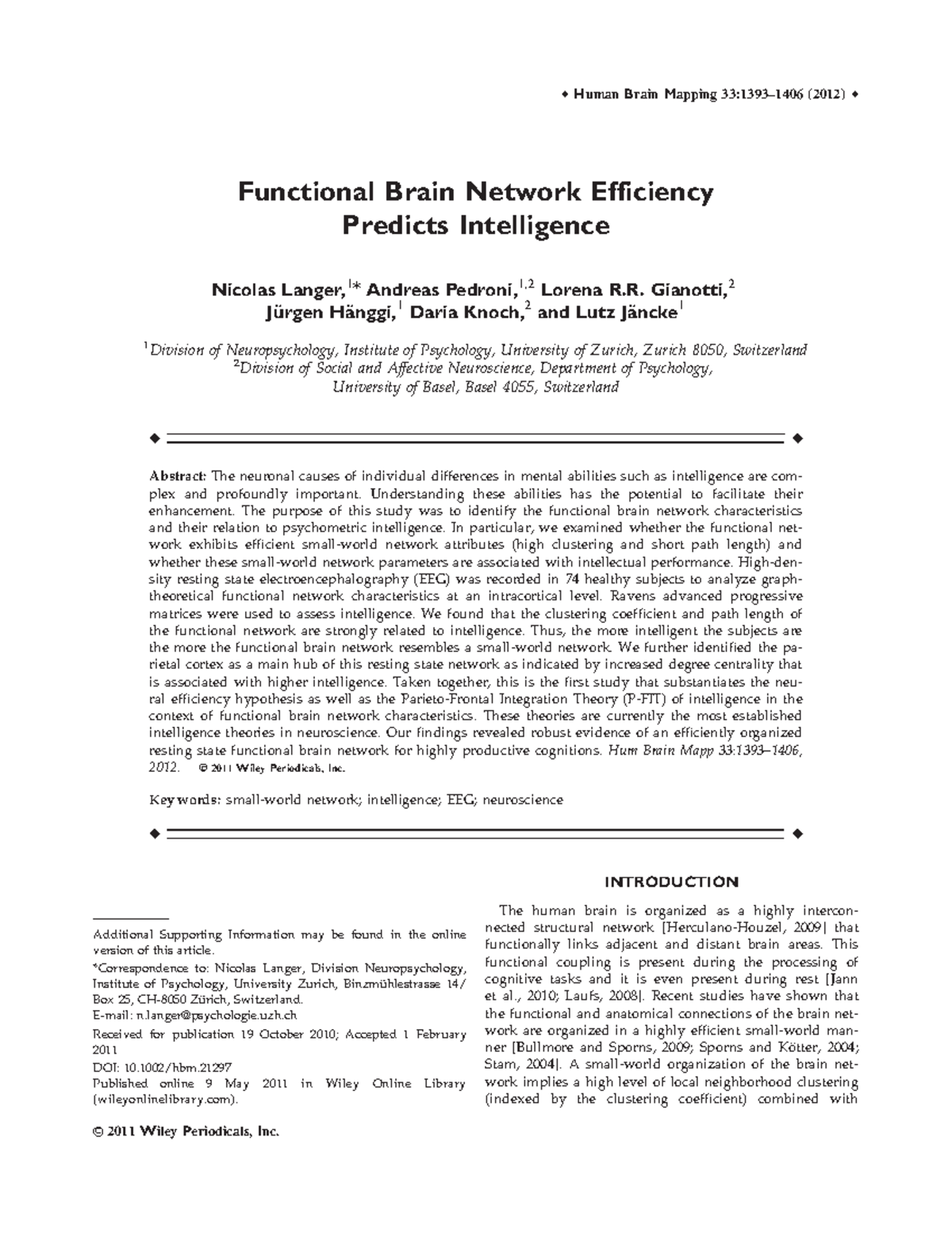 Functional Brain Network Efficiency Langer 2012 R Human Brain Mapping