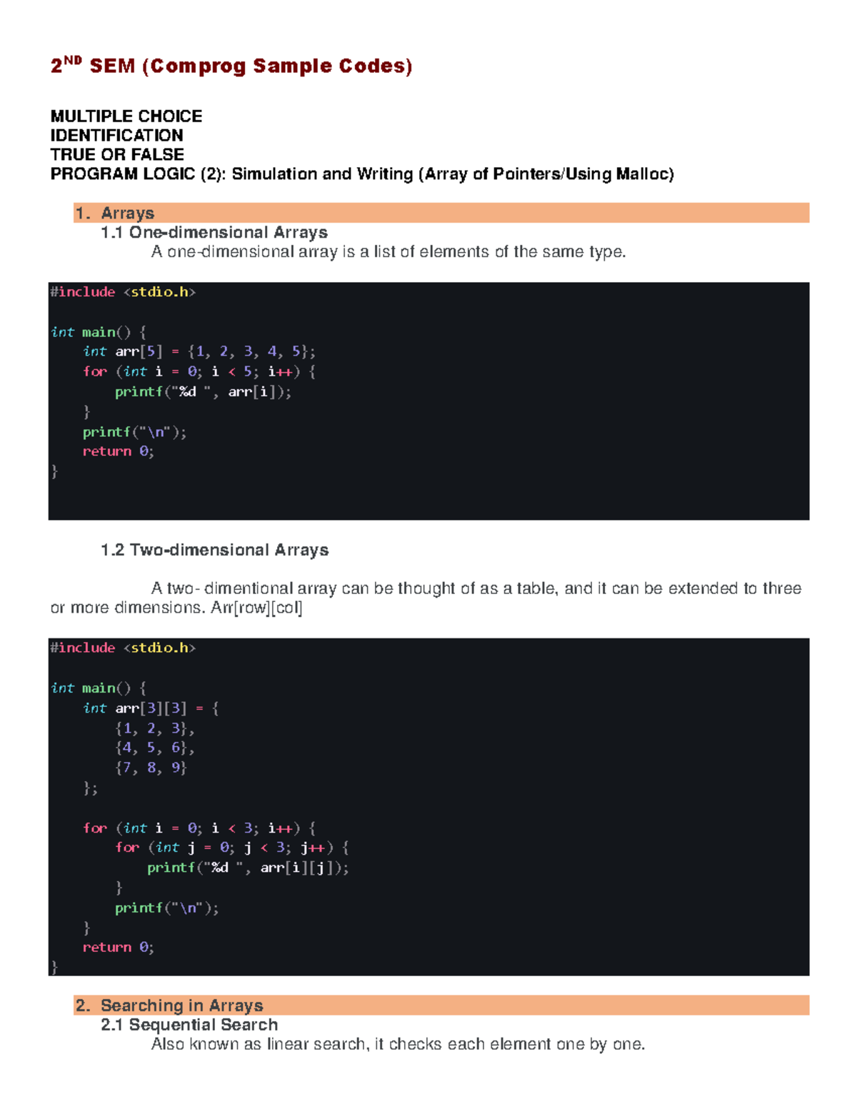 2nd Sem(Comprog-midterm-reviewer) - 2 ND SEM (Comprog Sample Codes) MULTIPLE CHOICE ...