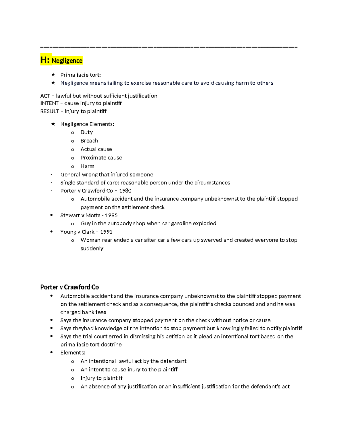 Torts Outline Negligence - - Studocu