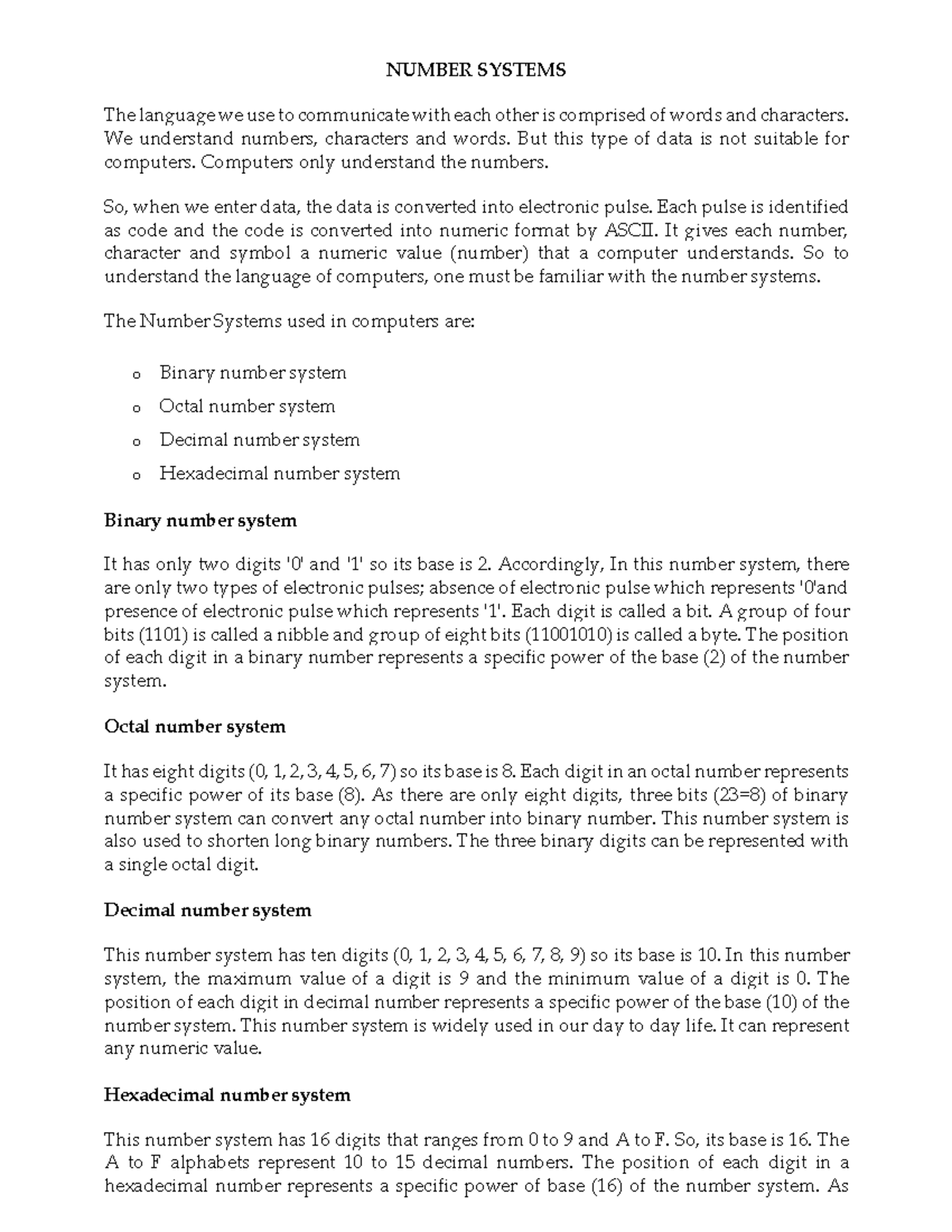 Number Systems Lesson SIX - NUMBER SYSTEMS The language we use to ...