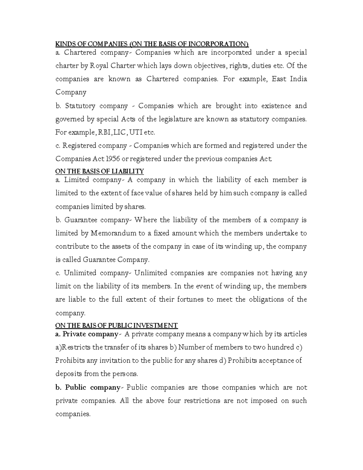 Kinds of company - KINDS OF COMPANIES (ON THE BASIS OF INCORPORATION) a ...