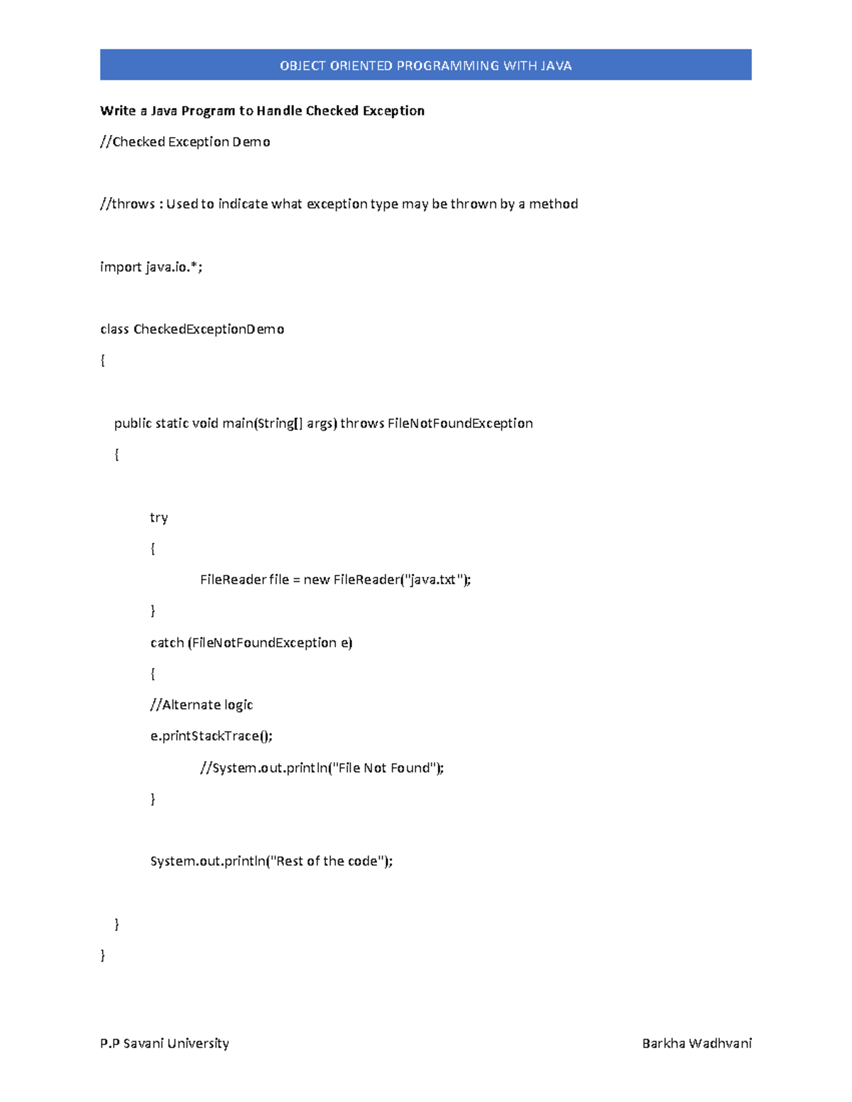 Exception Handling Write A Java Program To Handle Checked Exception