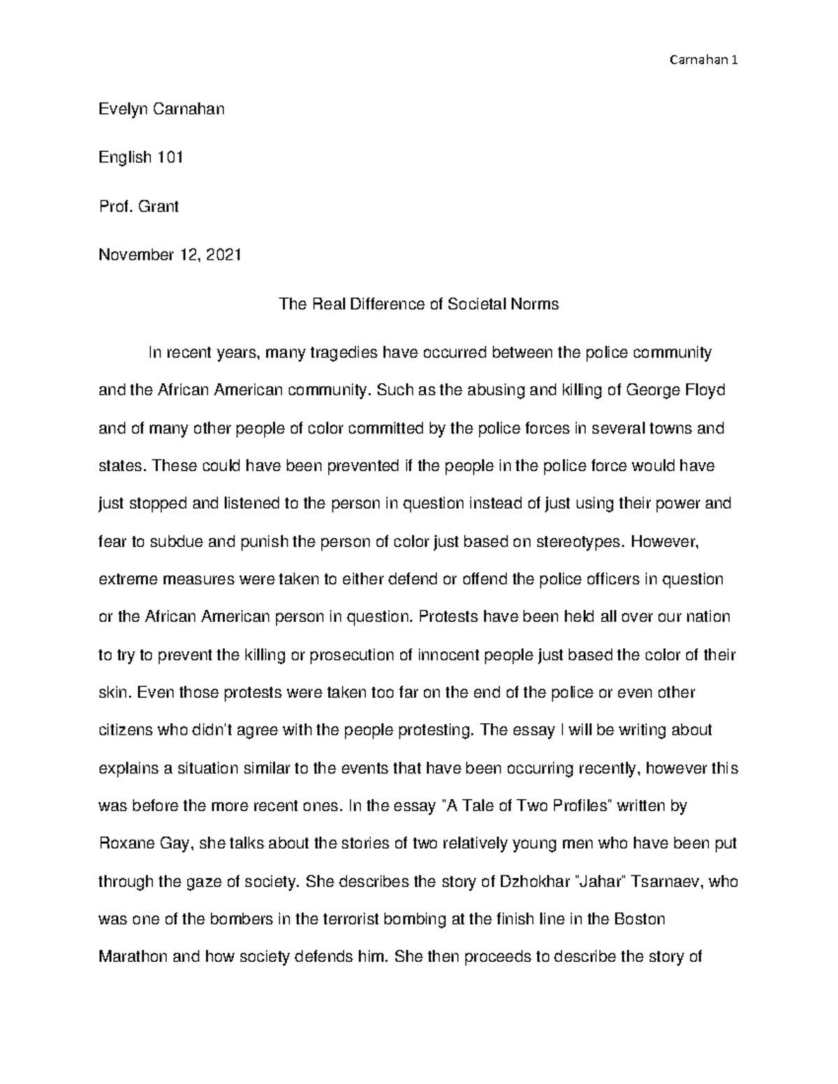 Essay Analysis Essay - Mr. Grant - Evelyn Carnahan English 101 Prof ...
