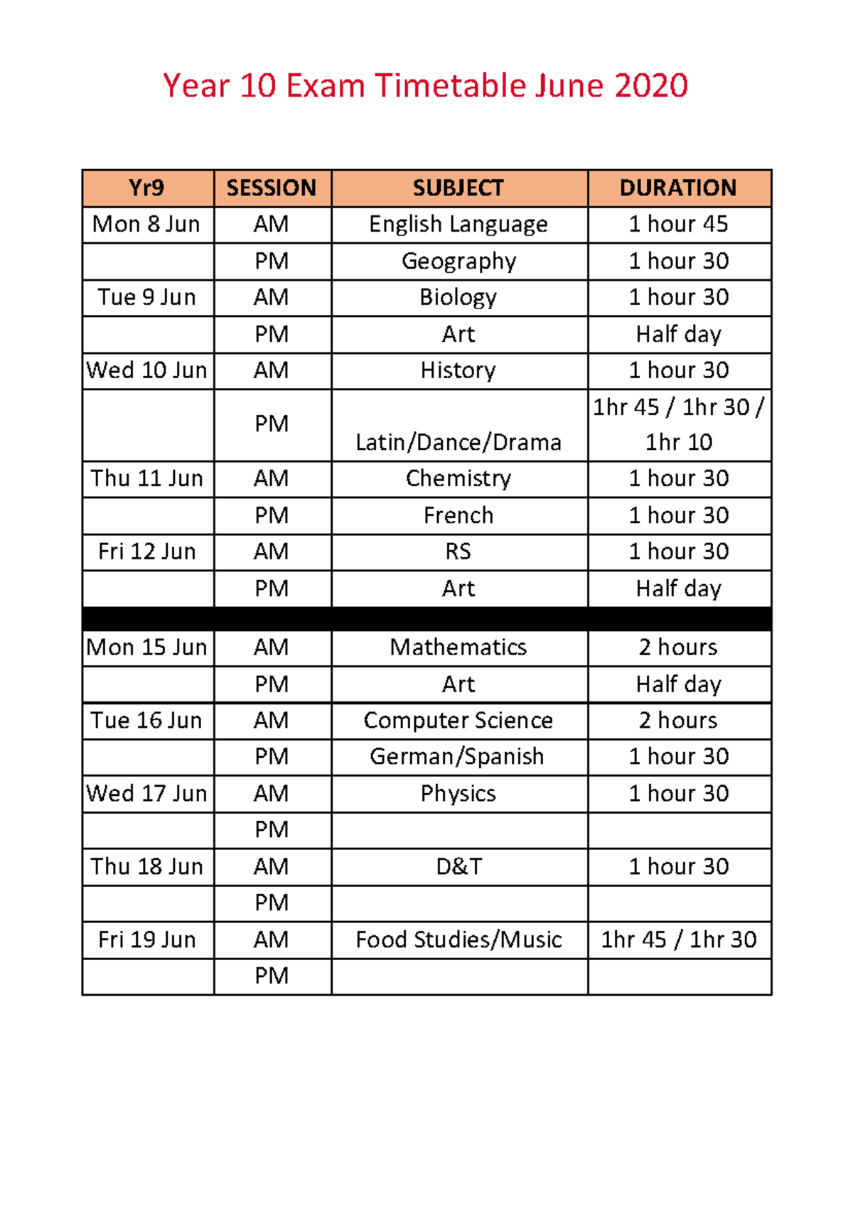 Year 10 Exam TT June 2020 - Year 10 Exam Timetable June 2020 Yr9 ...