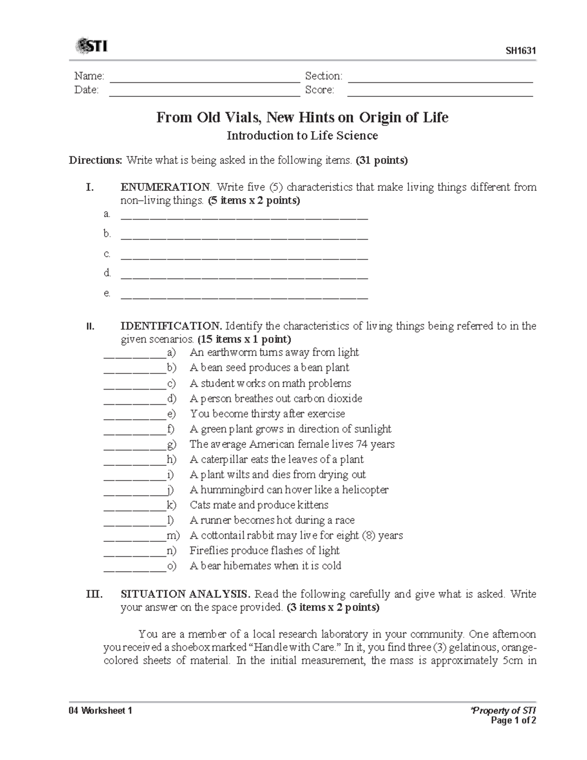 SH1631 - Earth and Life Science 04 Worksheet 1 - SH 04 Worksheet 1 ...