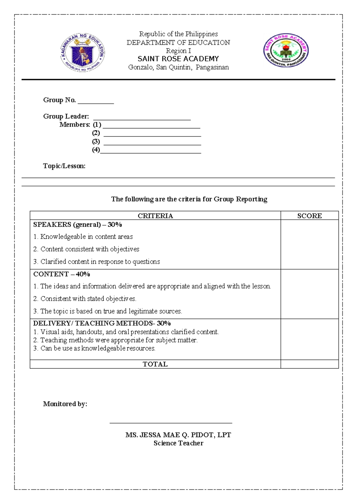 Grading Sheet for Reporting - Republic of the Philippines DEPARTMENT OF ...