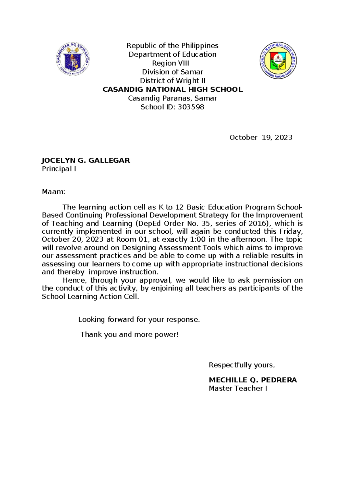 Letter SLAC Designing Assessment Tools - Republic of the Philippines ...