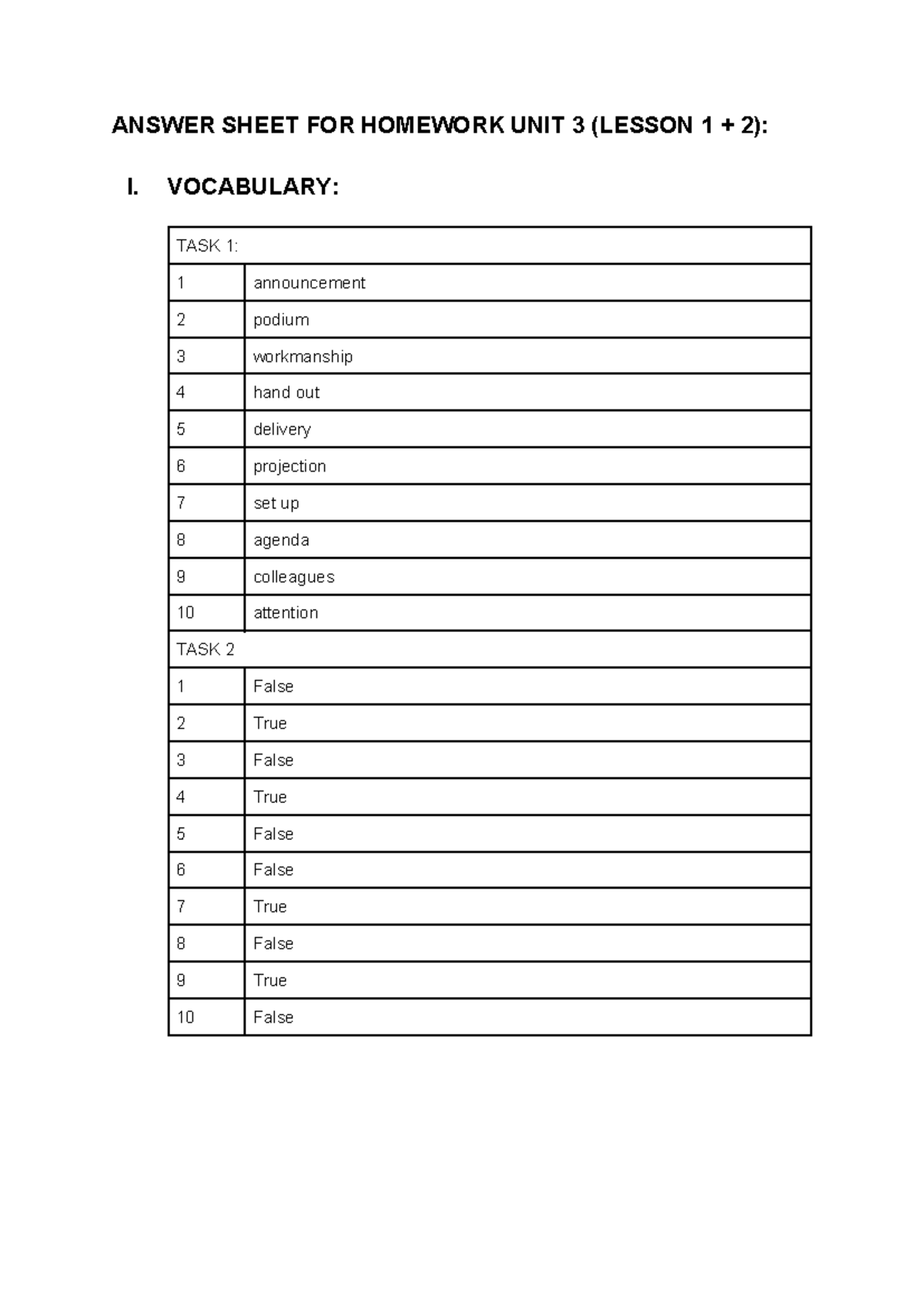 Answer Sheet FOR Homework UNIT 3 ( Lesson 1 + 2) - ANSWER SHEET FOR ...