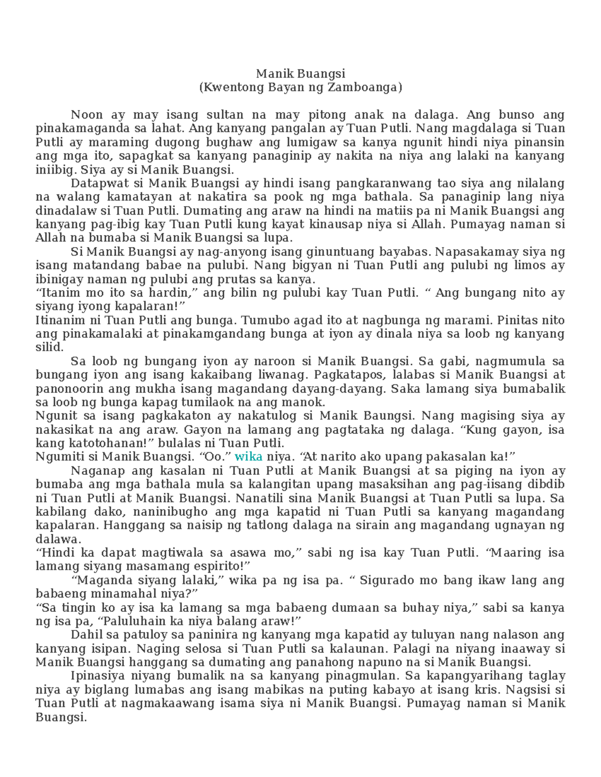 Manik Buangsi - none - Manik Buangsi (Kwentong Bayan ng Zamboanga) Noon ay may isang sultan na ...