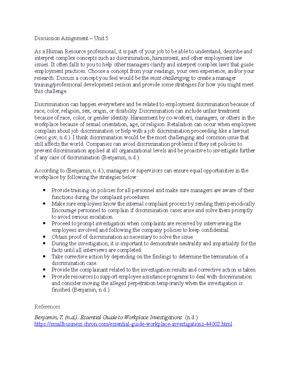 Discussion Assignment - Unit 5 - Discussion Assignment – Unit 5 As a Human Resource professional ...