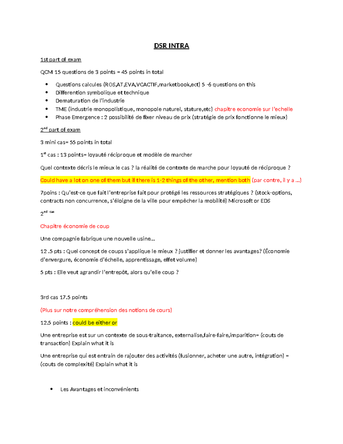 DSR Intra notes - DSR INTRA 1st part of exam QCM 15 questions de 3 ...