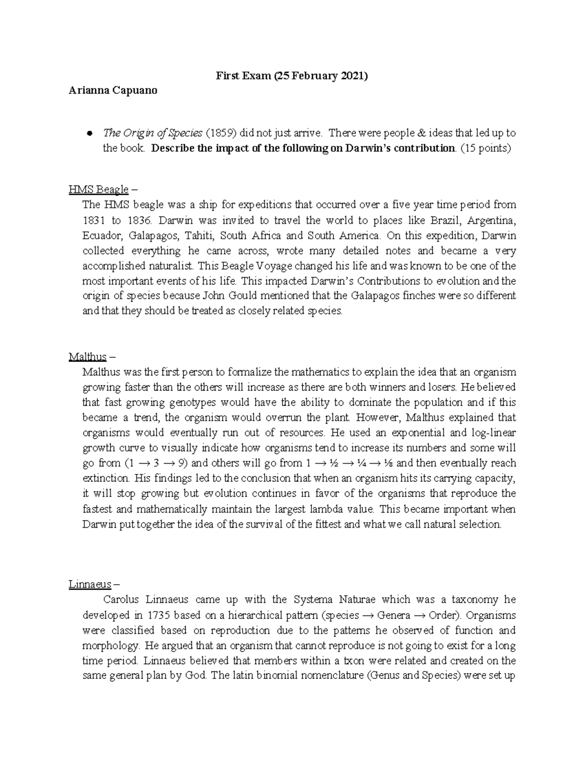 EXAM 1 Evolutions - First Exam (25 February 2021) Arianna Capuano The Origin of Species (1859 ...