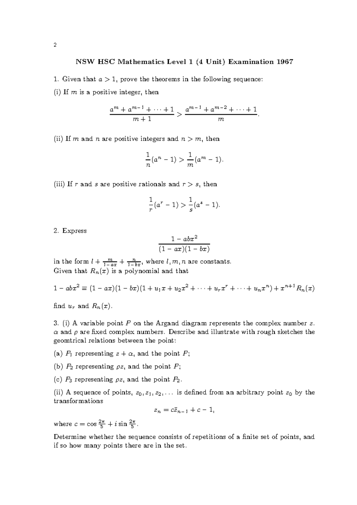 Maths 4U 1967 HSC Free Premium 2 NSW HSC Mathematics Level 1 4