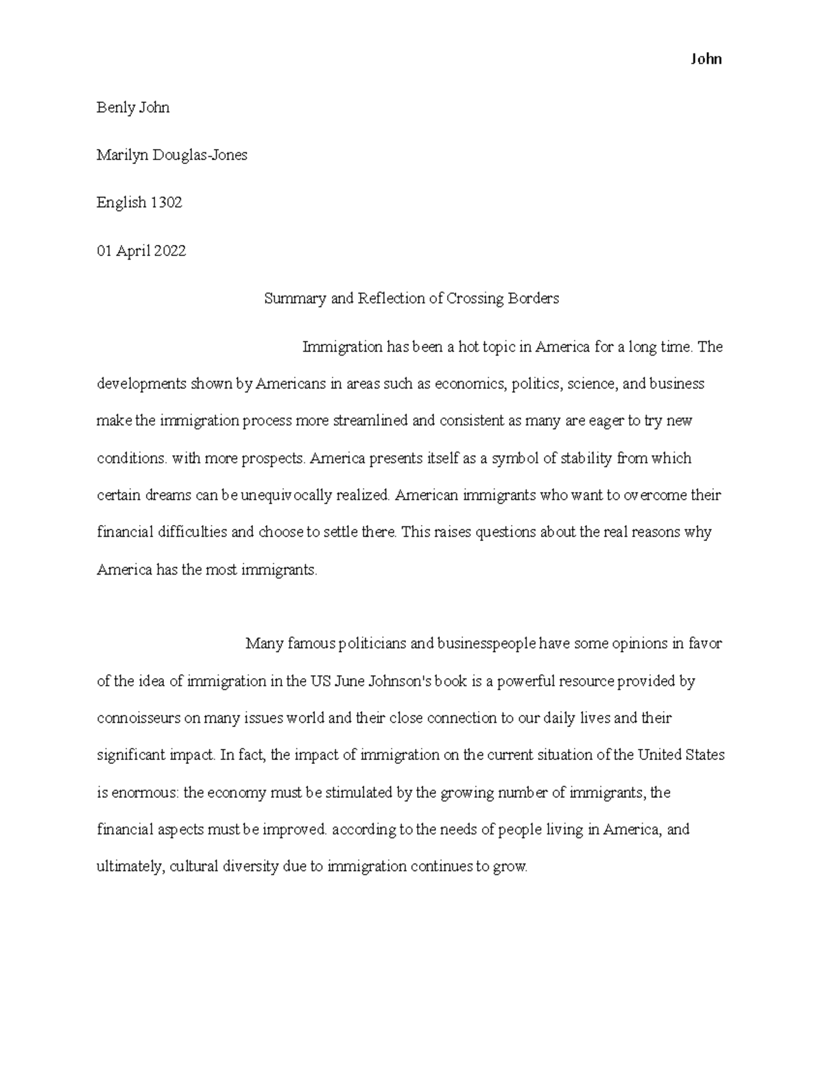 Crossing border - Assignment - Benly John Marilyn Douglas-Jones English ...