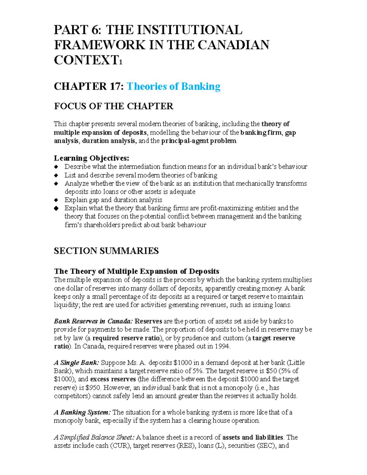 Ch17 Theories of Banking - PART 6: THE INSTITUTIONAL FRAMEWORK IN THE ...
