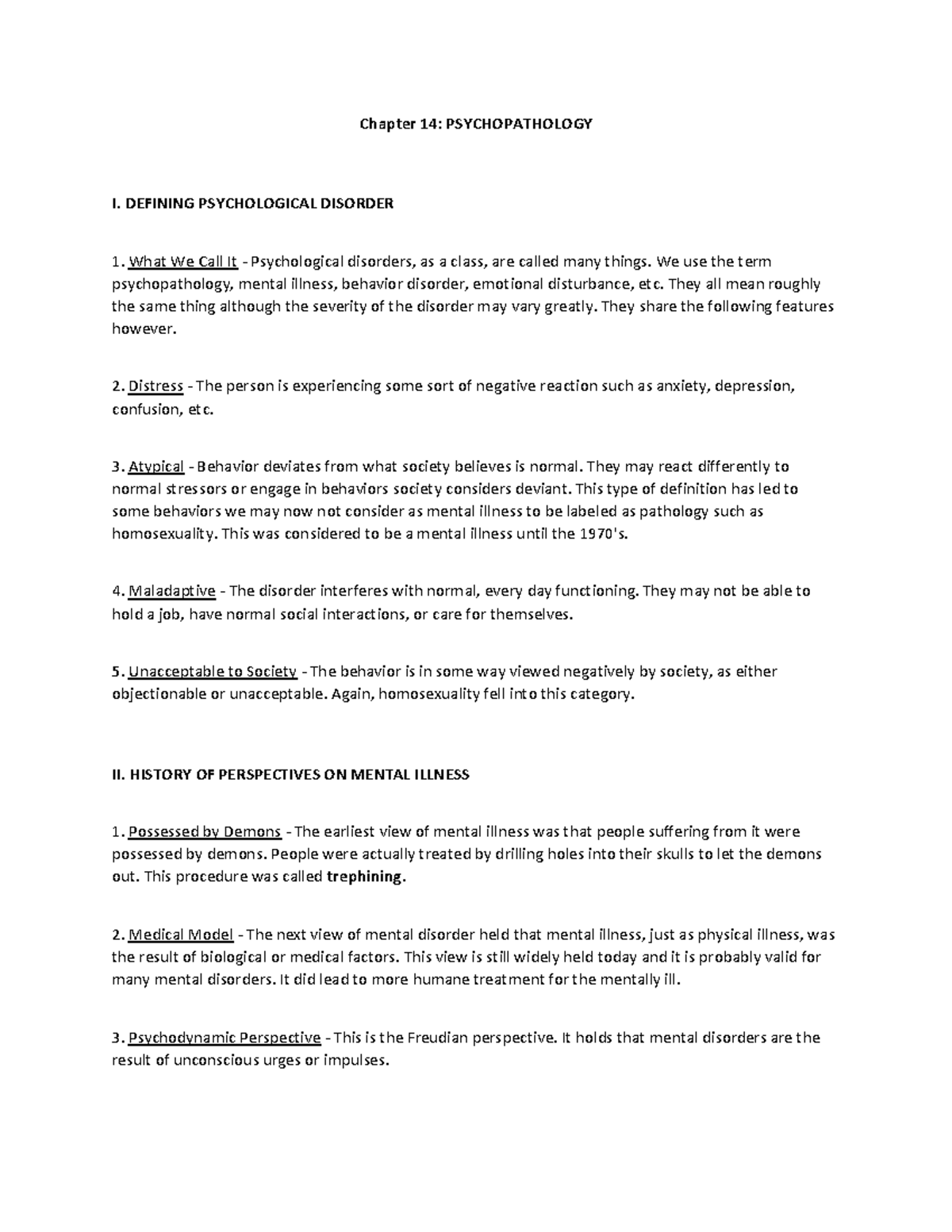 Lecture note 14 - class note - Chapter 14: PSYCHOPATHOLOGY I. DEFINING ...