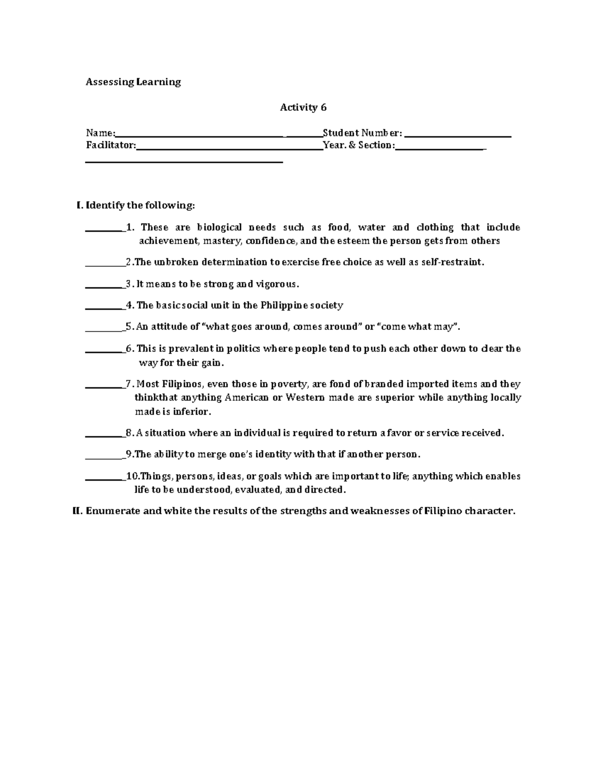 NSTP1 Activity 6 - Assessing Learning Activity 6 Name: _ Student Number ...