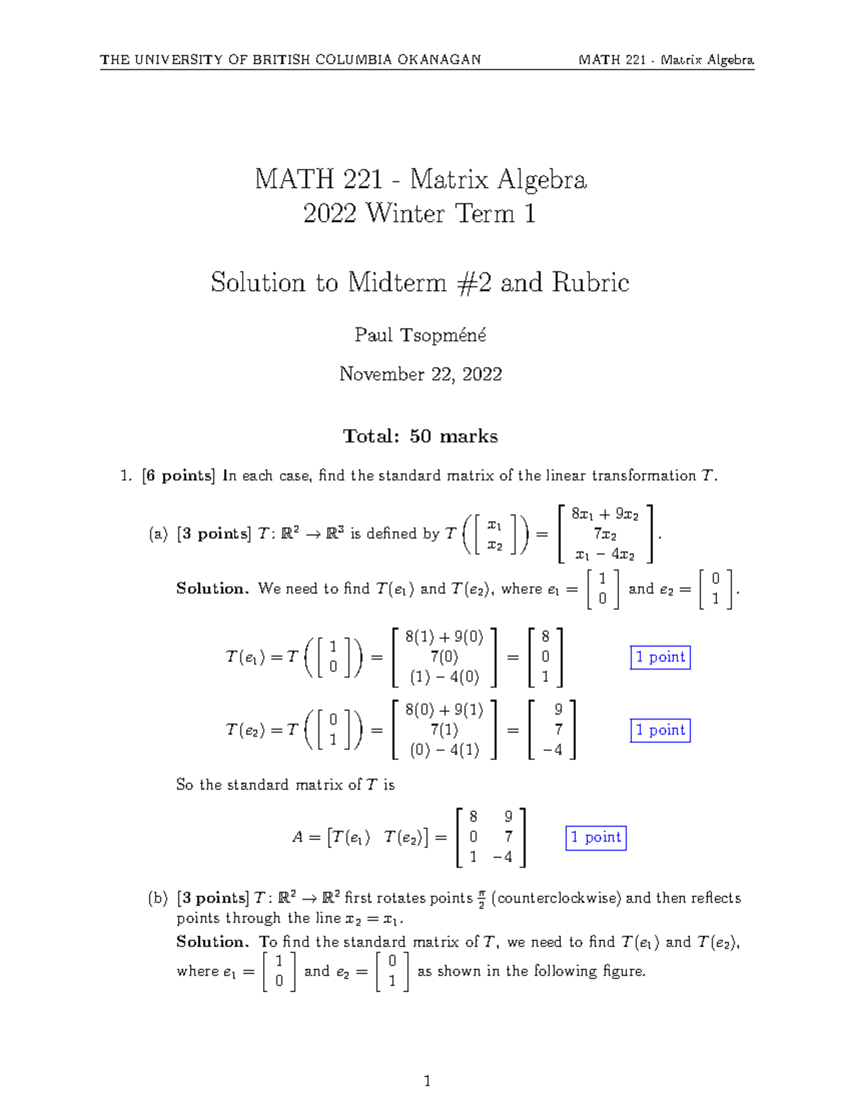 Solution 221 Midterm#2 W2022-T1 Rubric - MATH 221 - Matrix Algebra 2022 ...