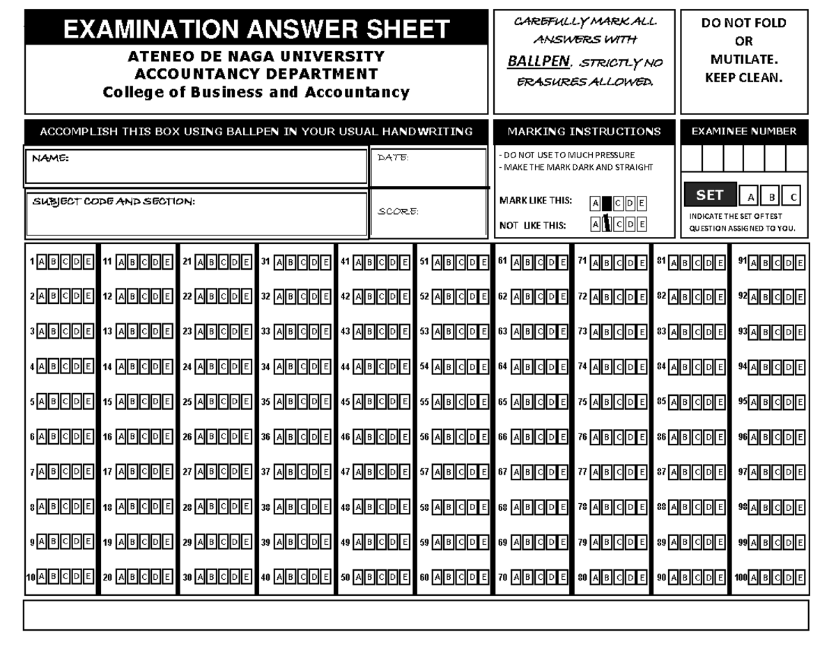 Ans-sheet accountancy - ` ATENEO DE NAGA UNIVERSITY ACCOUNTANCY ...