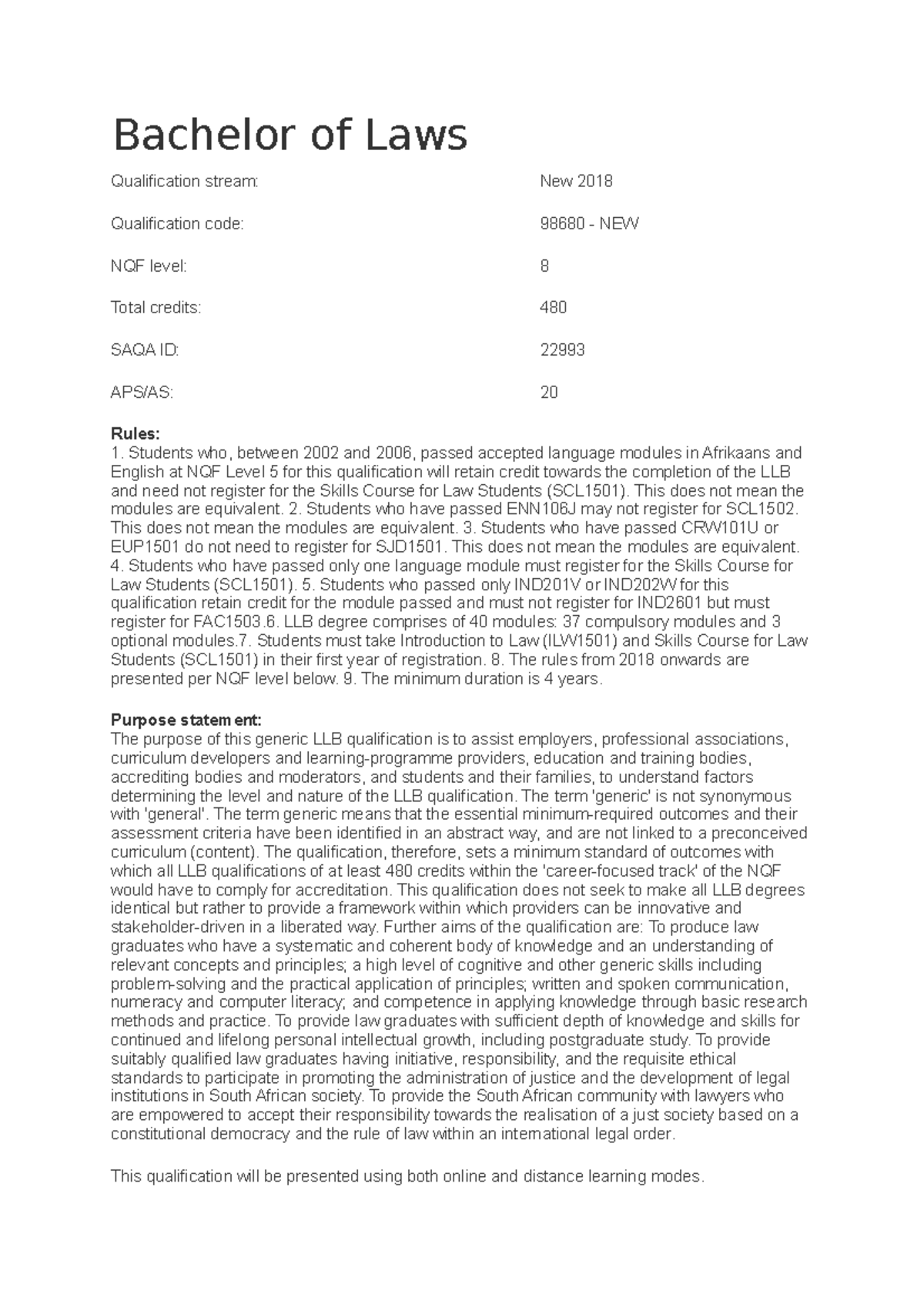 Bachelor of Laws Unisa New 2019 - Bachelor of Laws Qualification stream ...