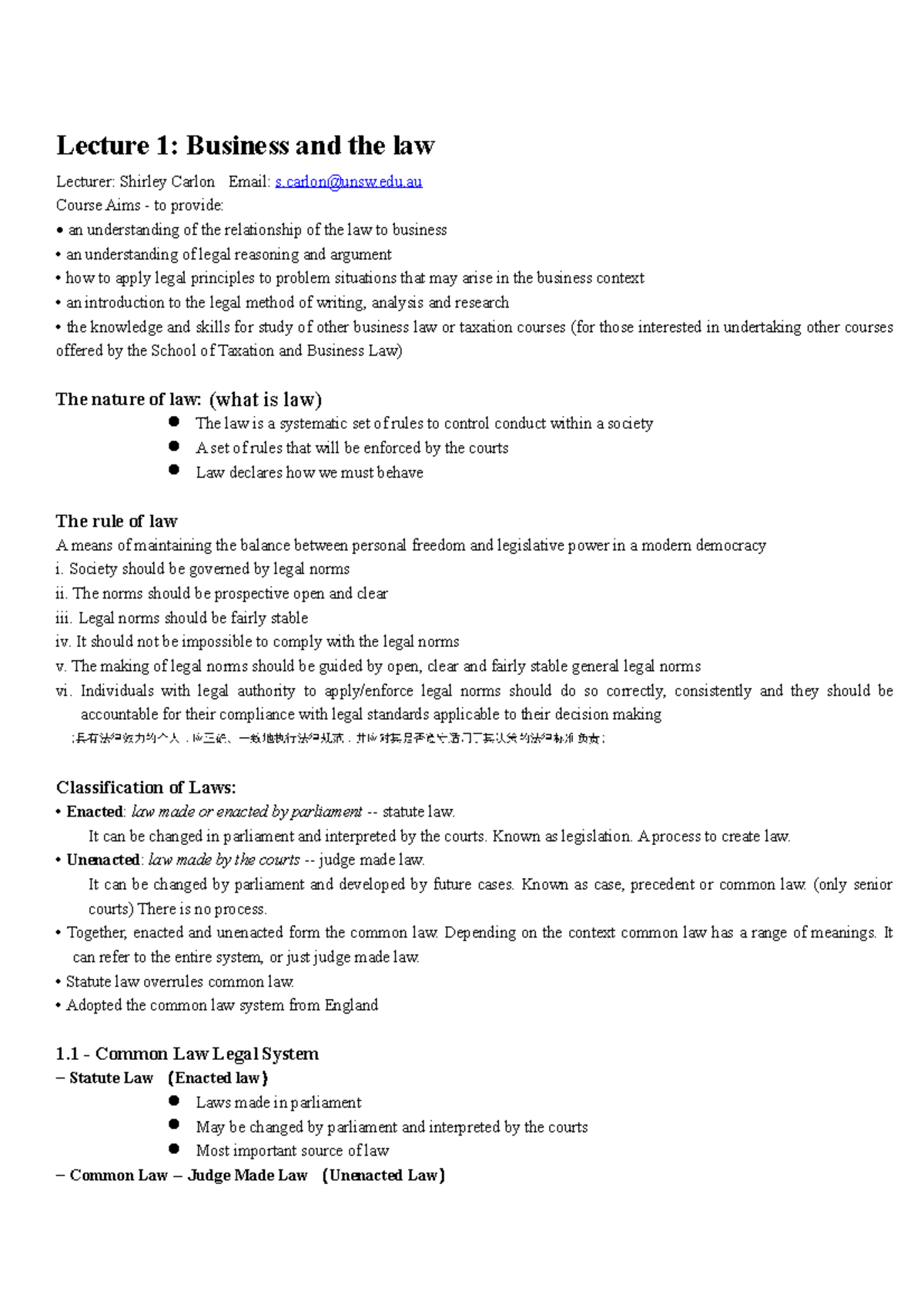 Lecture notes 1 - Lecture 1: Business and the law Lecturer: Shirley ...