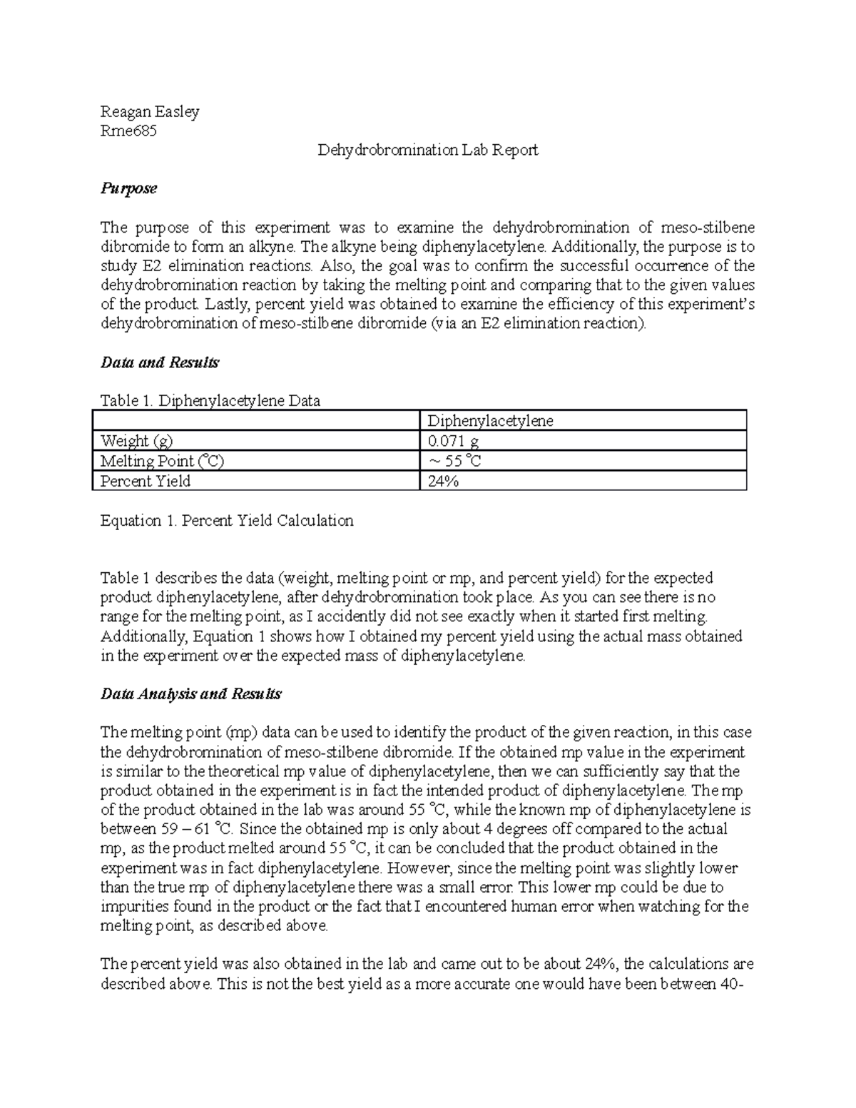 Dehydrobromination 220c 2021 - Reagan Easley Rme Dehydrobromination Lab ...