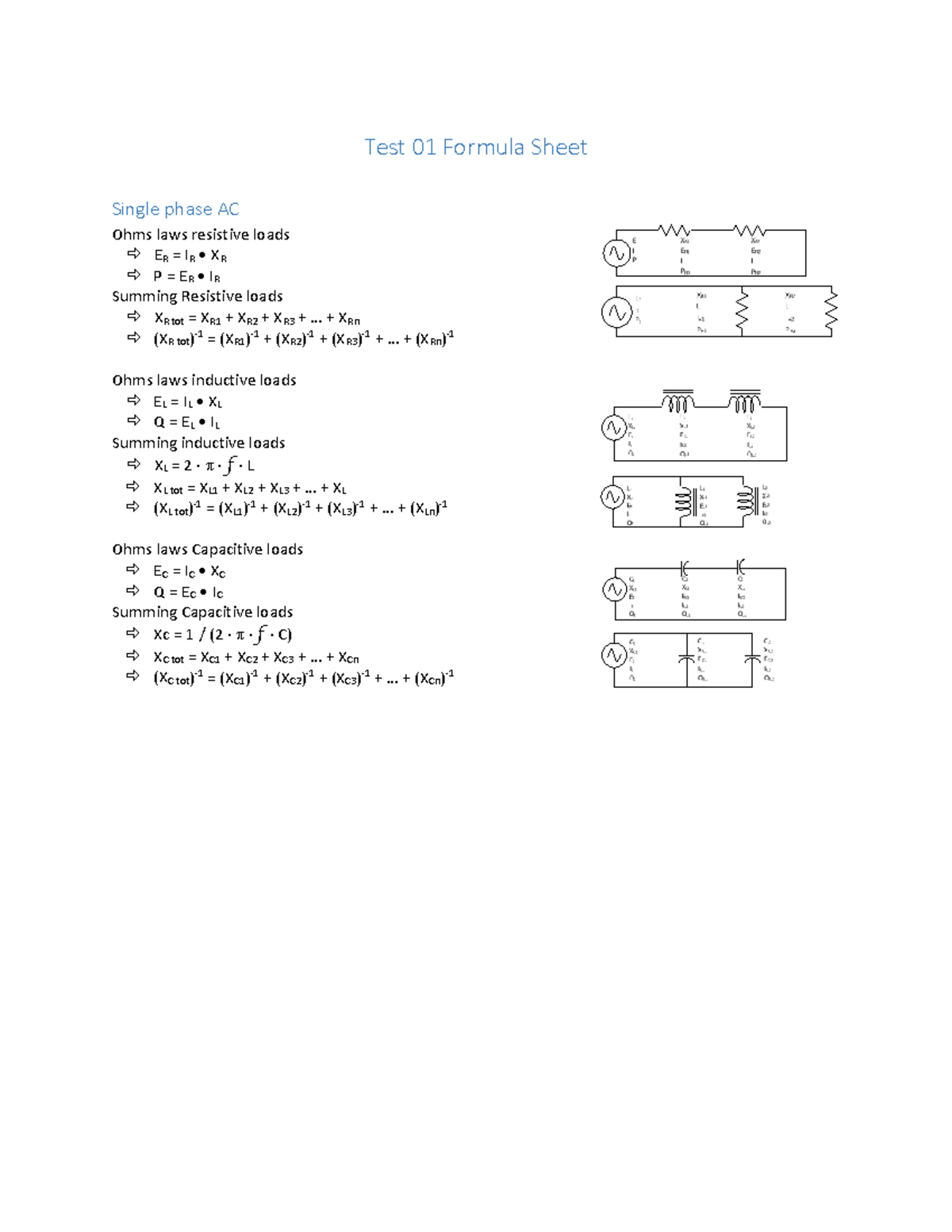 Test1 formula sheet - Test 01 Formula Sheet Single phase AC Ohms laws ...