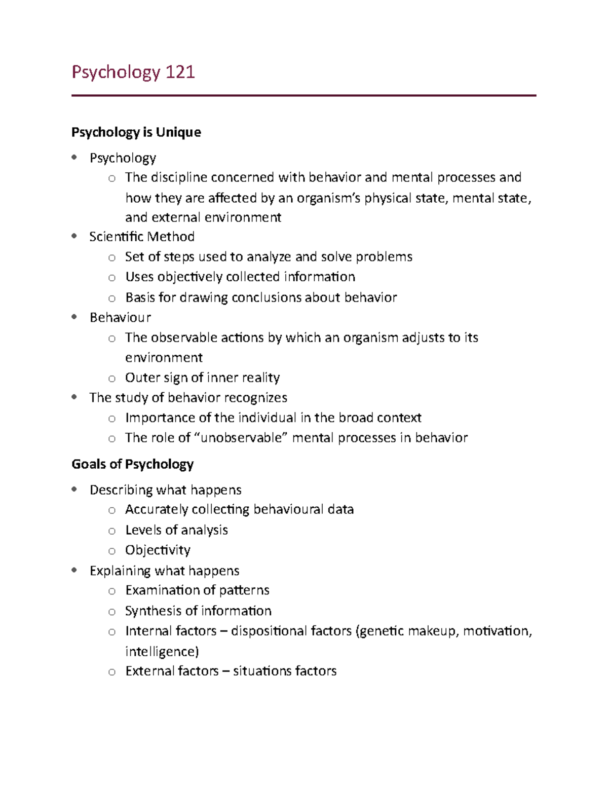 Psychology 121 - Lecture notes 1-14 - Psychology 121 Psychology is ...