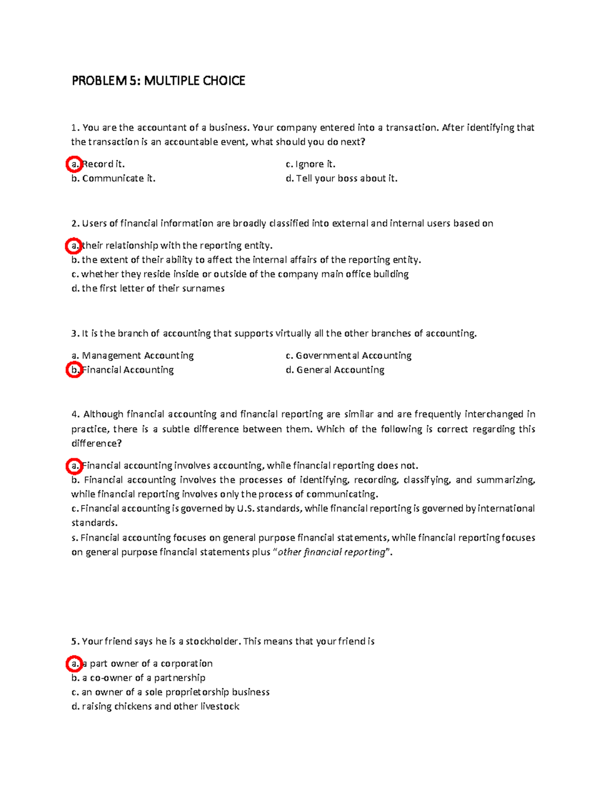 PROB 5 - FINANCIAL ACCOUNTING AND REPORTING - PROBLEM 5: MULTIPLE ...