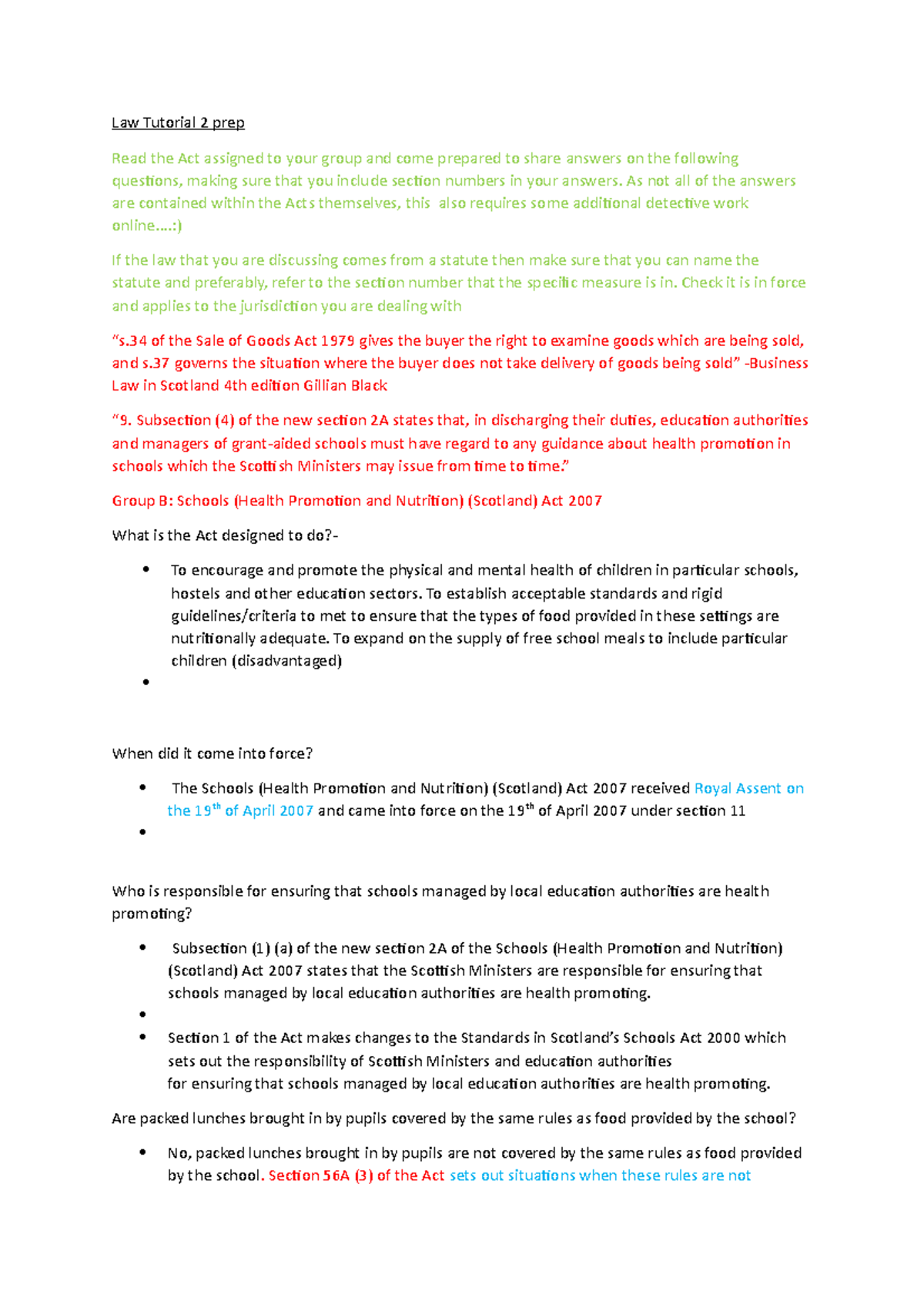 Law Tutorial 2 prep - Law Tutorial 2 prep Read the Act assigned to your ...