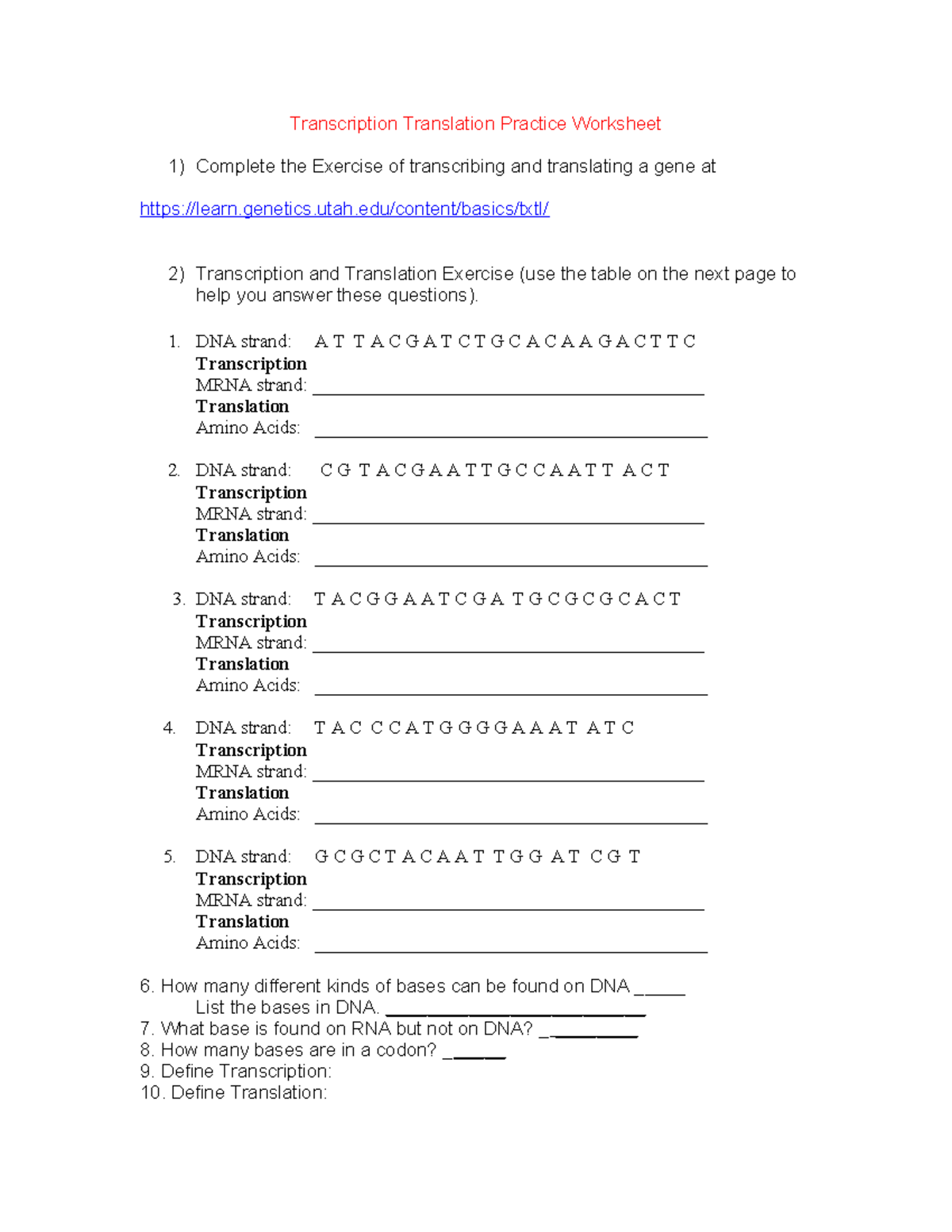Mc Carthy BIOL107 Transcription and Translation Exercise No answers ...