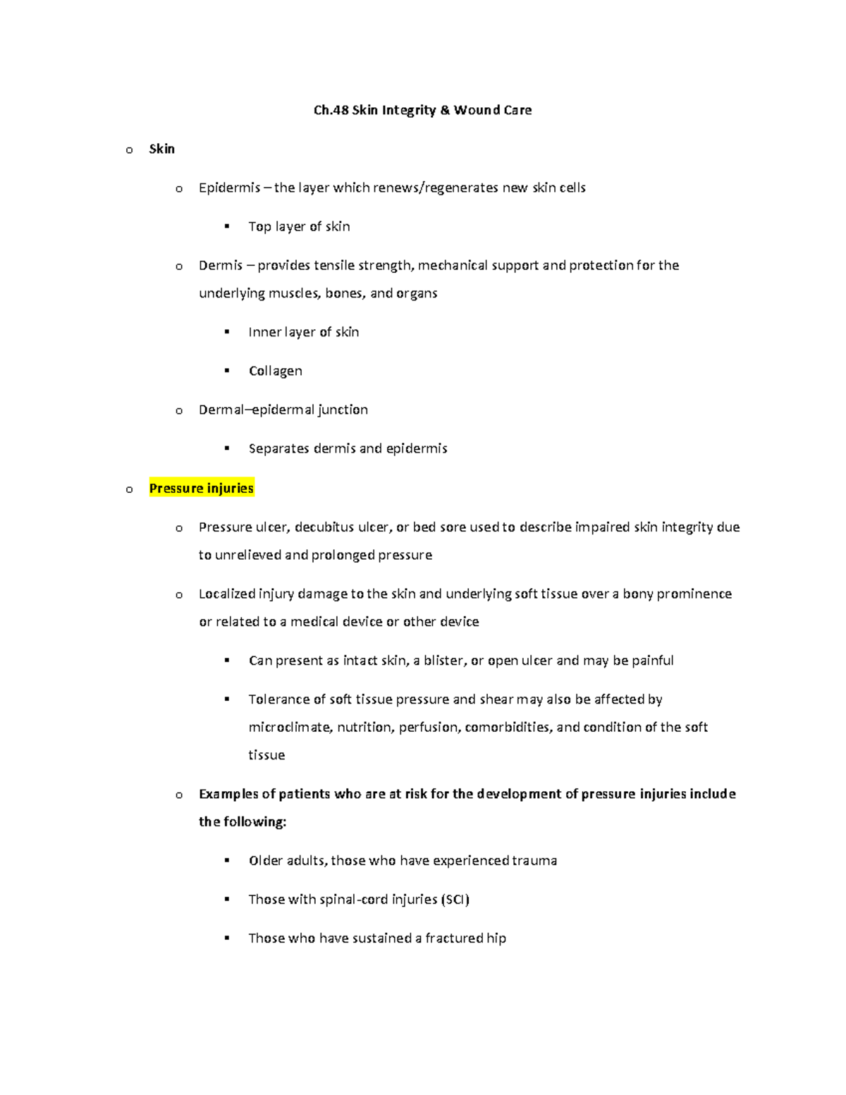 Ch. 48 Skin Integrity and wound care - Ch Skin Integrity & Wound Care o ...