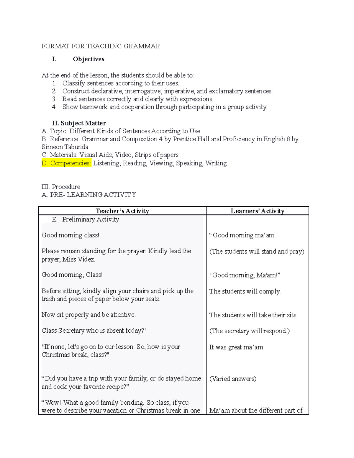 Format FOR Teaching Grammar - FORMAT FOR TEACHING GRAMMAR I. Objectives ...