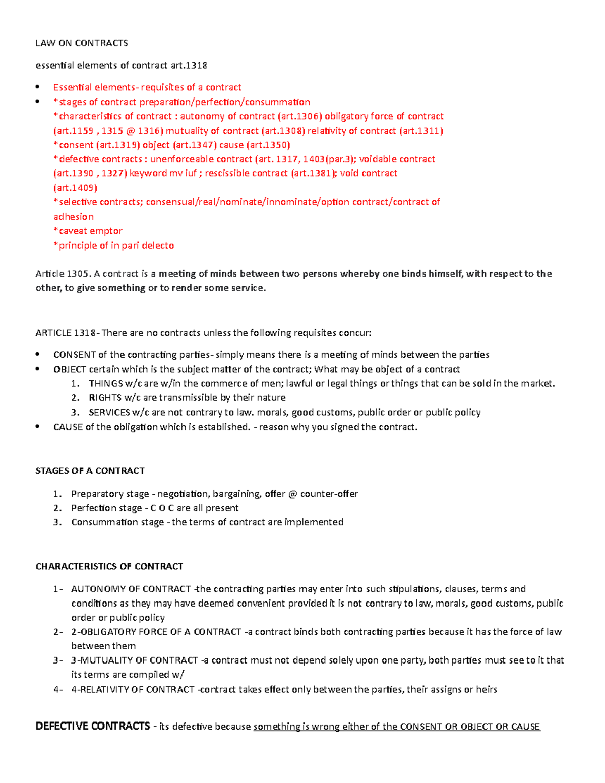 LAW ON Contracts - LAW ON CONTRACTS essential elements of contract art ...