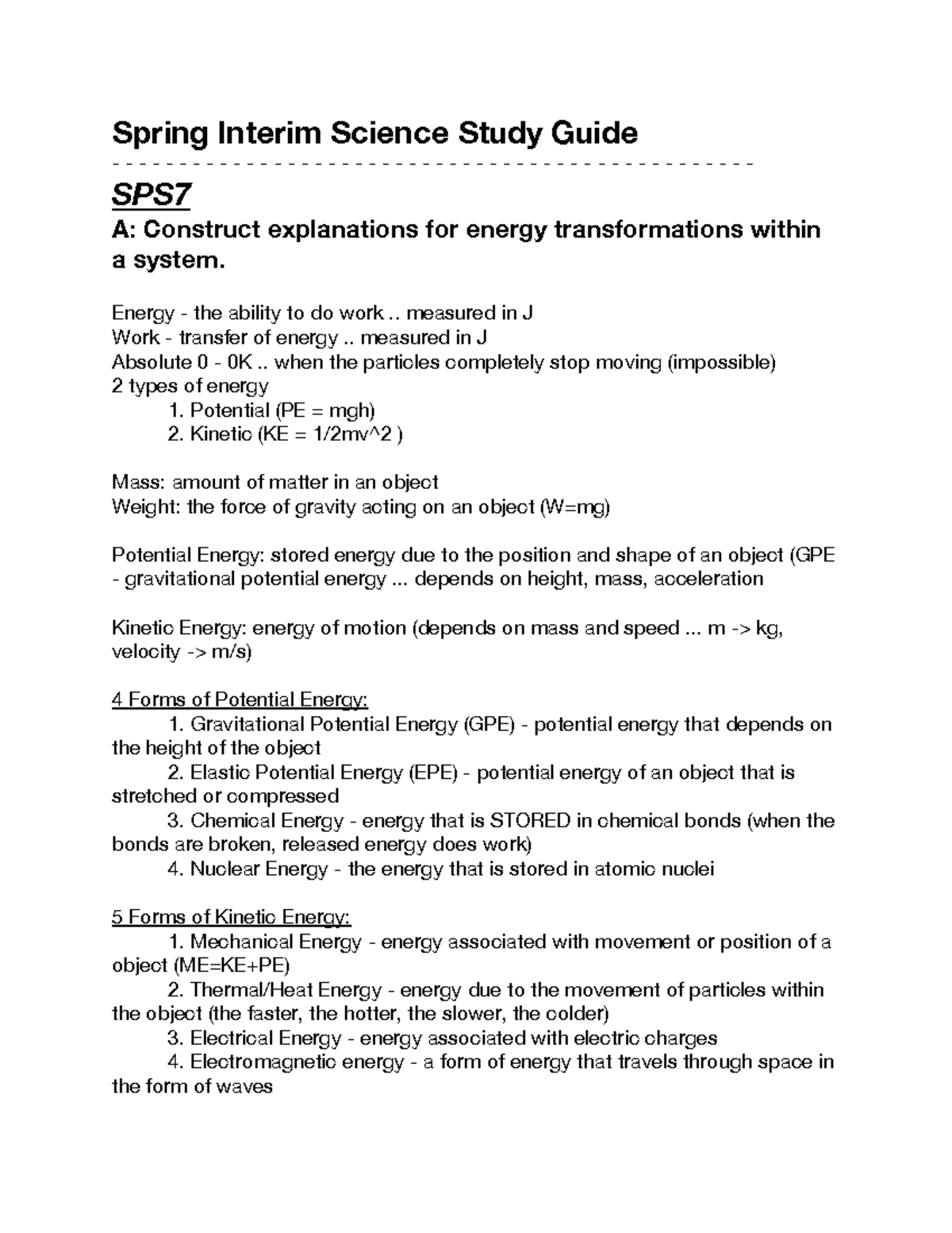 Spring Interim Science Study Guide - Energy - the ability to do work ...