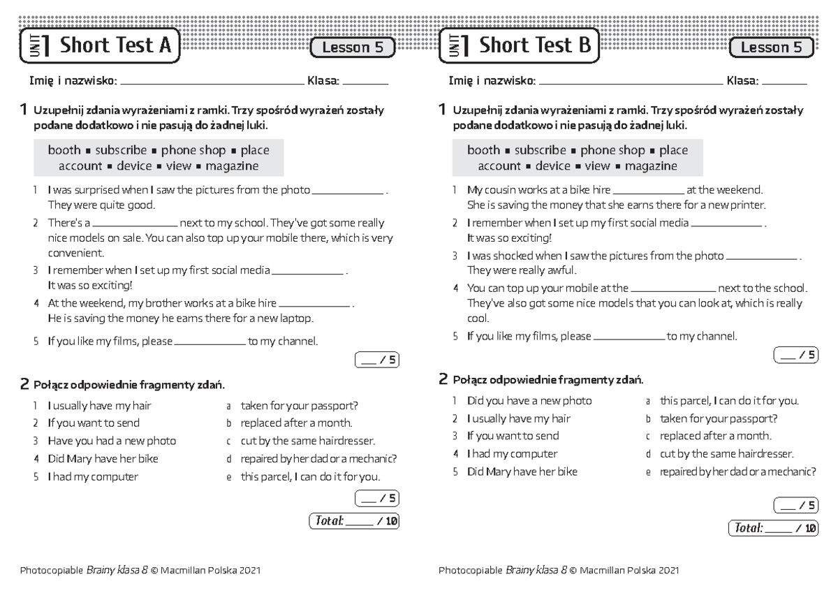 Short Tests Unit 1 Lesson 5 - UNIT 1 Short Test A UNIT 1 Short Test B ...