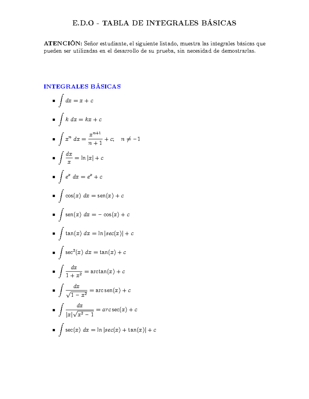 Tabla de Integrales Básicas - E.D - TABLA DE INTEGRALES BÁSICAS ...