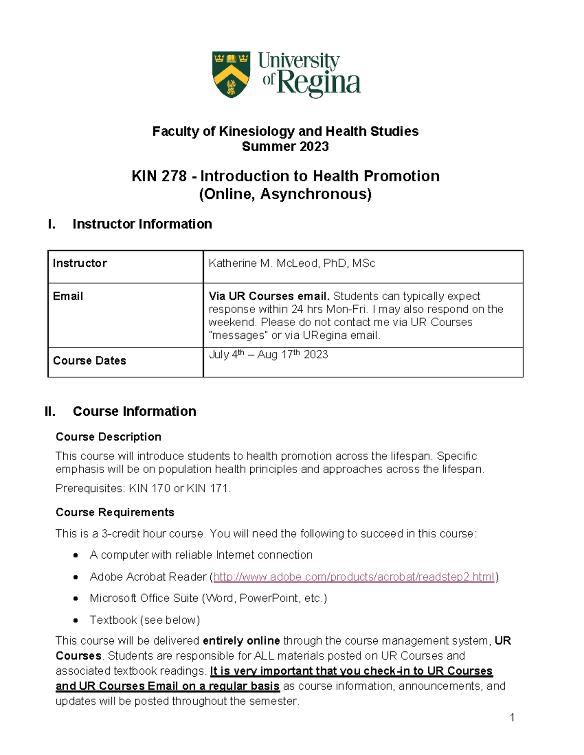 KIN278 Course Outline - Syllabus - Faculty of Kinesiology and Health ...